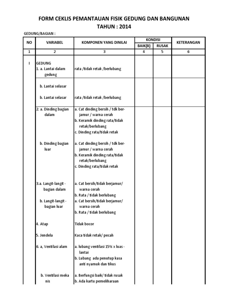 Form Ceklist Pemantauan Fisik Gedung Dan Bangunan | PDF