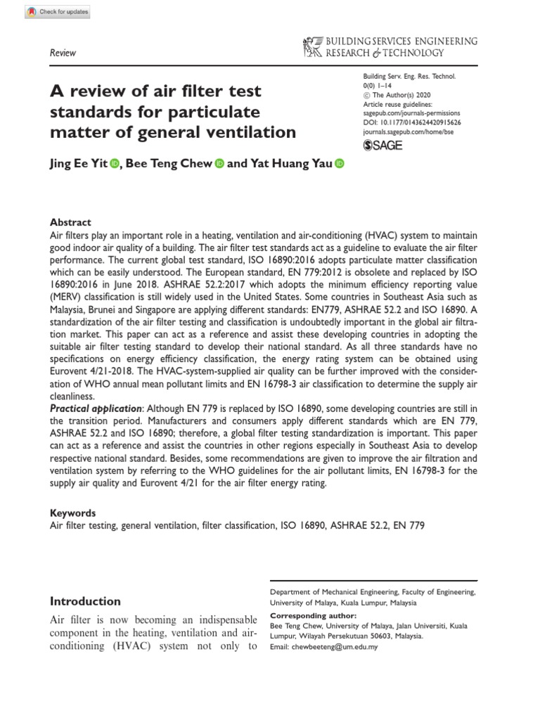 Air Filter Testing Standards Review | PDF | Aerosol | Filtration