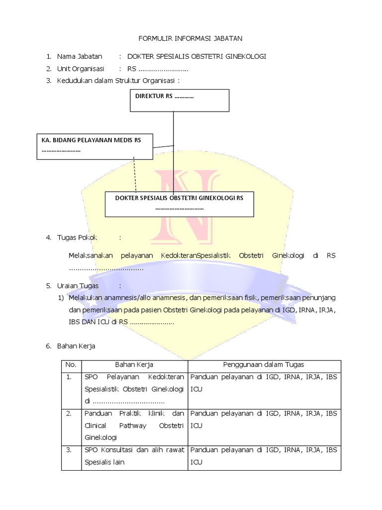 Contoh Anjab Dokter Spesialis OBGIN | PDF | Kesehatan Holistik | Sains & Matematika