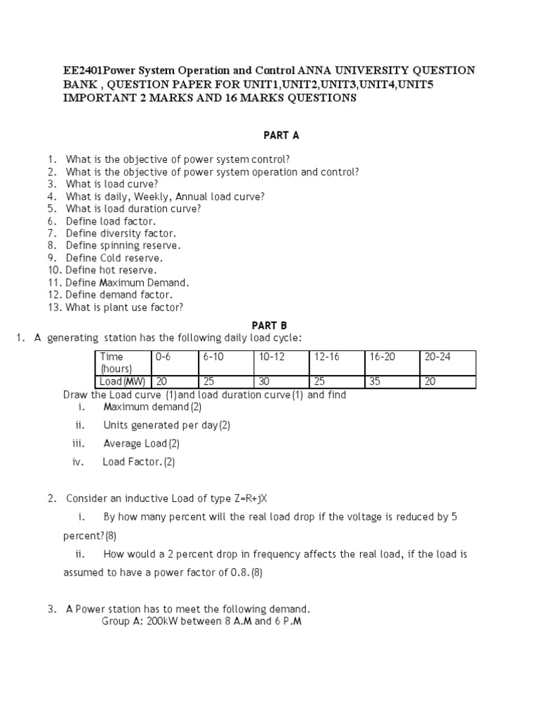 Ee2401power System Operation and Control Anna University Question Bank ...