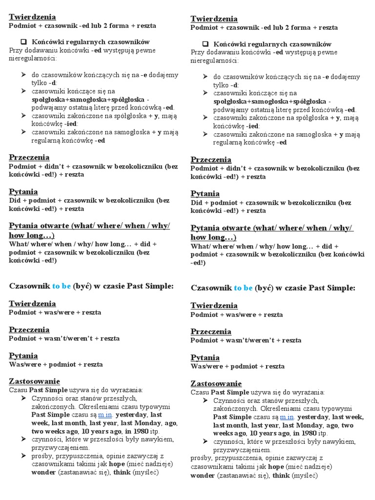 Past Simple - Ściąga | PDF