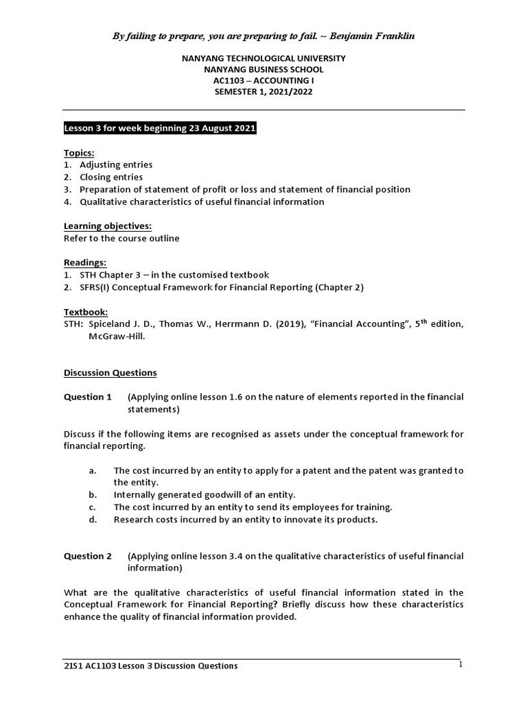 21S1 AC1103 Lesson 03 Discussion Questions | PDF | Debits And Credits | Accounting