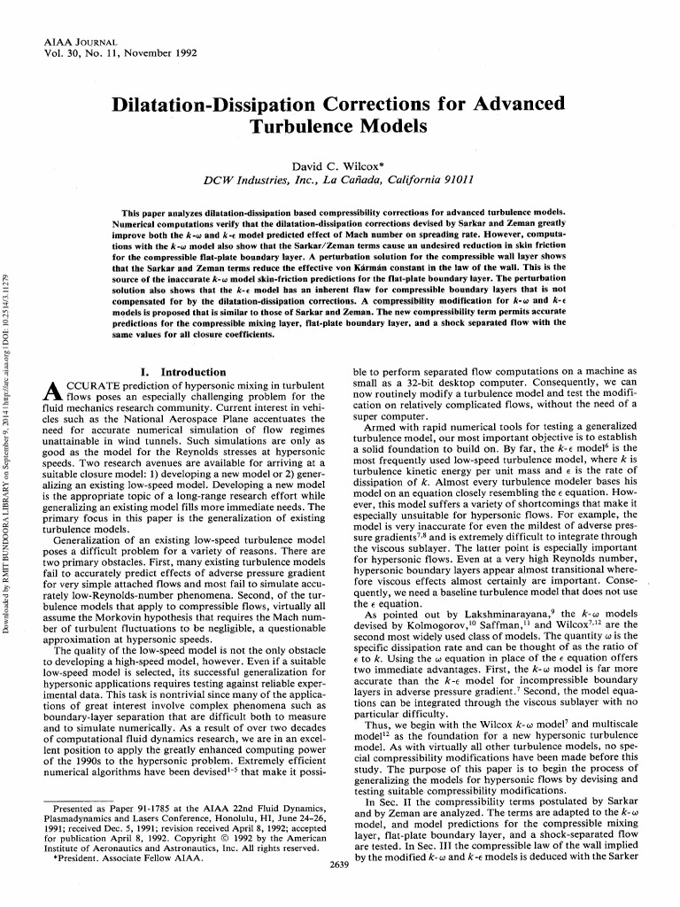 1992-Dilatation Dissipation Corrections For Advanced Turbulence Models | Download Free PDF ...