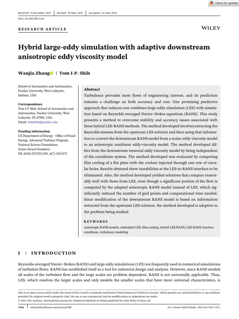 IJNMF-2022-Zhang-Shih-Hybrid LES With Adaptive RANS Model | PDF | Fluid ...
