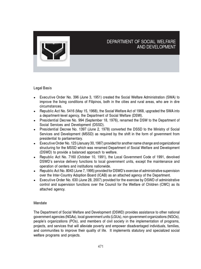DSWD: History and Mandate Overview | PDF | Policy | Non Governmental ...
