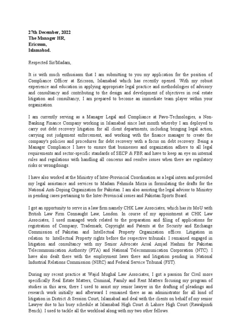 Cover Letter Ericsson | PDF | Lawyer | Regulatory Compliance