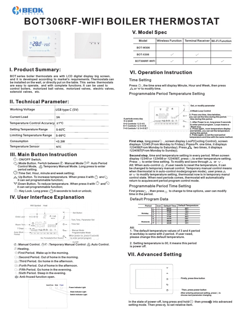 BOT306RF WIFI Thermostat Manual | PDF | Thermostat | Switch
