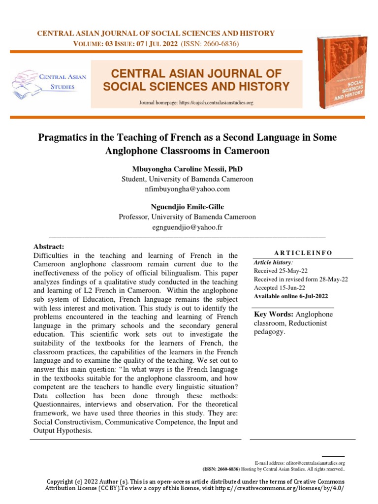 Pragmatics in The Teaching of French As A Second Language in Some Anglophone Classrooms in ...