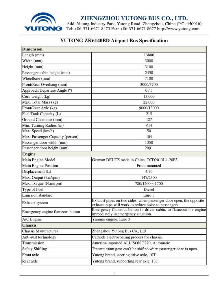 YUTONG ZK6140BD Airport Bus Specification | PDF | Engines | Truck