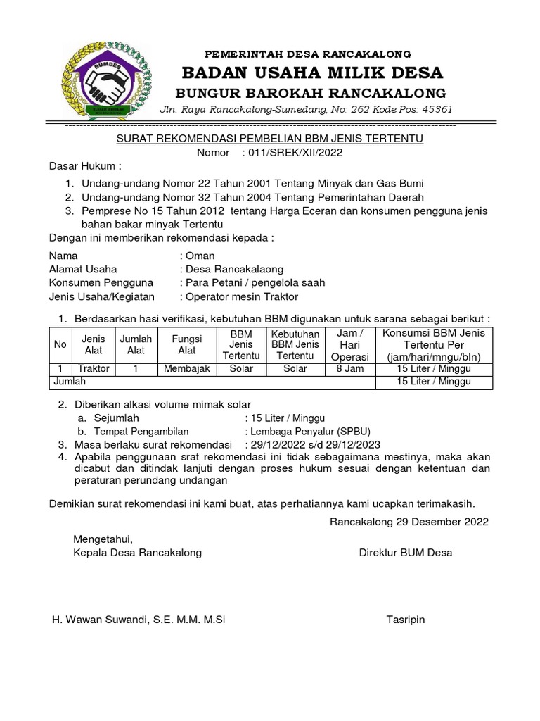 Surat Rekomendasi Beli BBM-1 | PDF