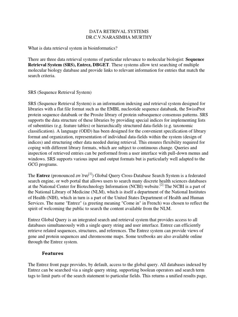 Data Retrival Systems Pdf National Center For Biotechnology