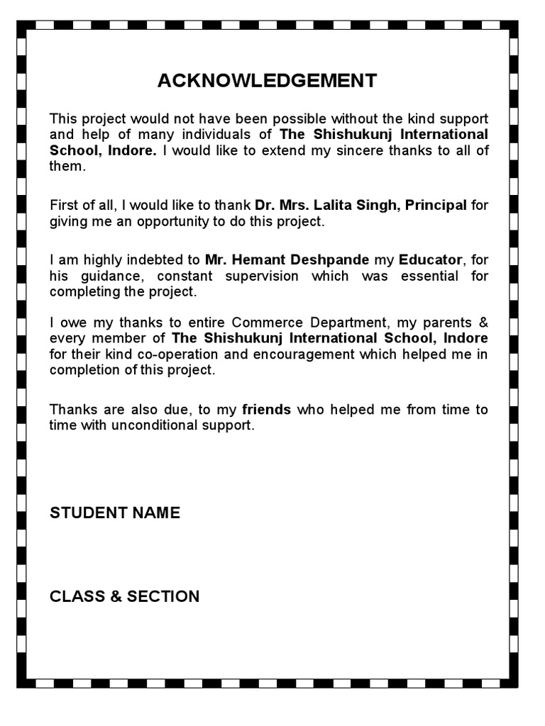 Acknowledgement: School, Indore. I Would Like To Extend My Sincere ...