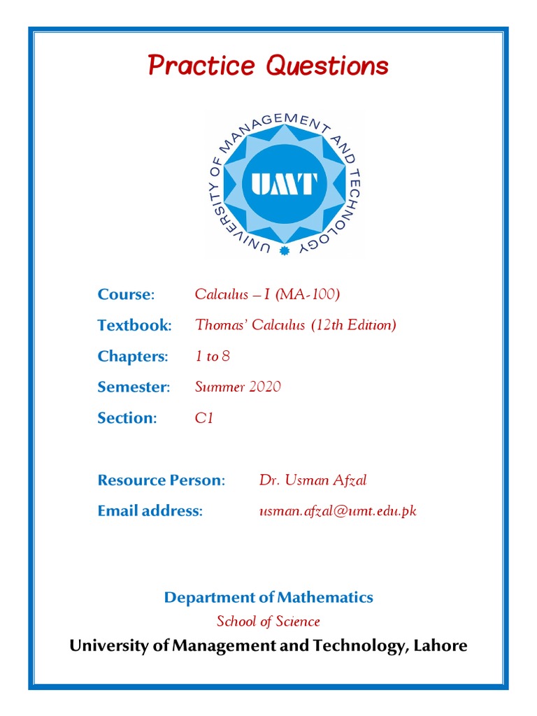 Calculus I Practice Questions and Exercises | PDF | Function ...