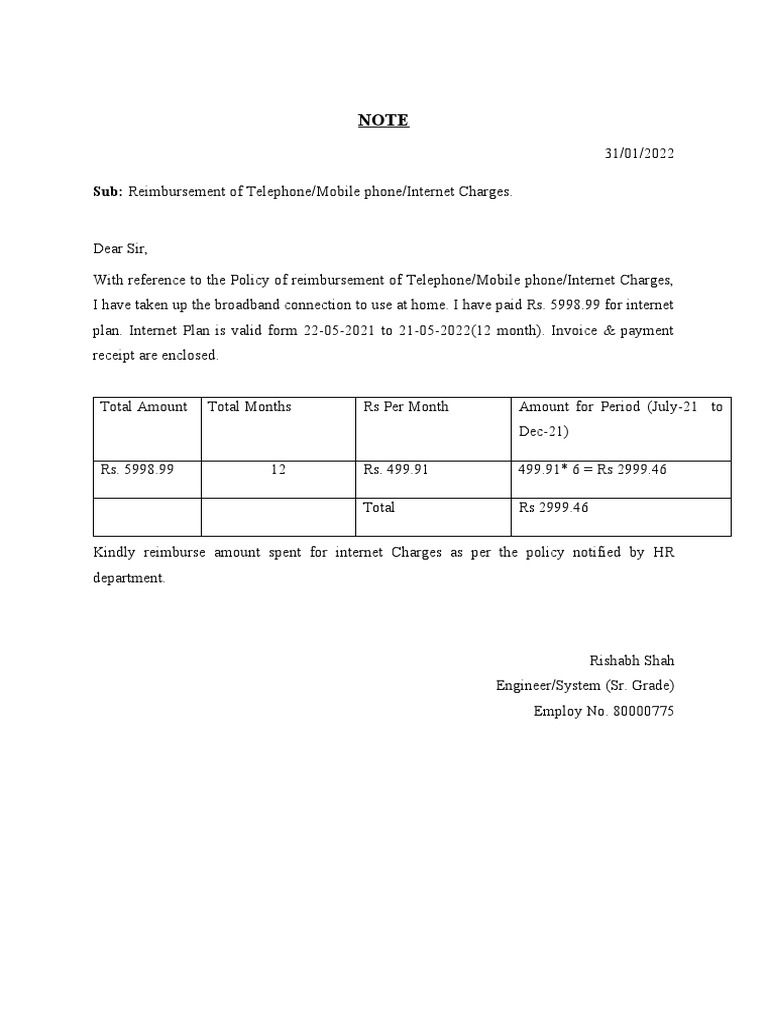 Internet Charges Reimbursement Request | PDF