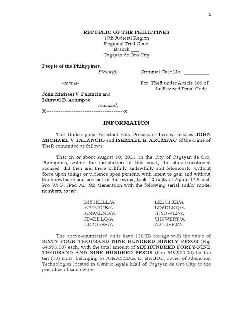 Theft Case Against Palancio and Arumpac | PDF | Theft | Crimes