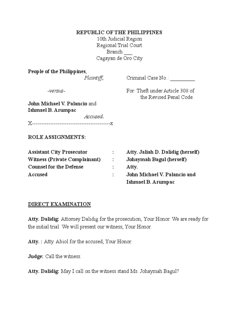 Prac Court Mock Trial Script For Theft | PDF | Prosecutor | Witness