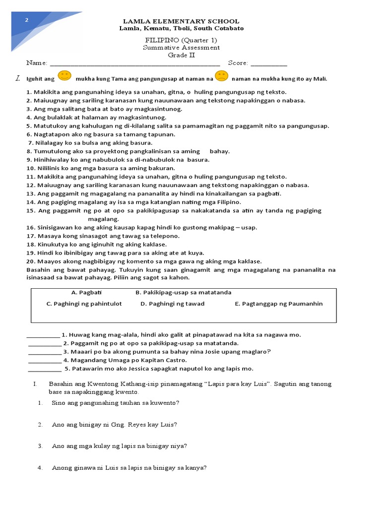 Filipino Summative Assessment-Grade 2 | PDF