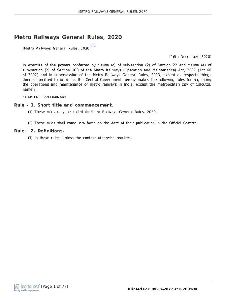 Metro Railways General Rules 2020 | PDF | Transport Infrastructure ...