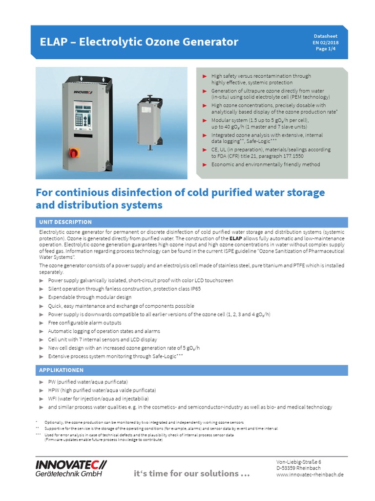 ELAP - Electrolytic Ozone Generator: For Continious Disinfection of Cold Purified Water Storage ...