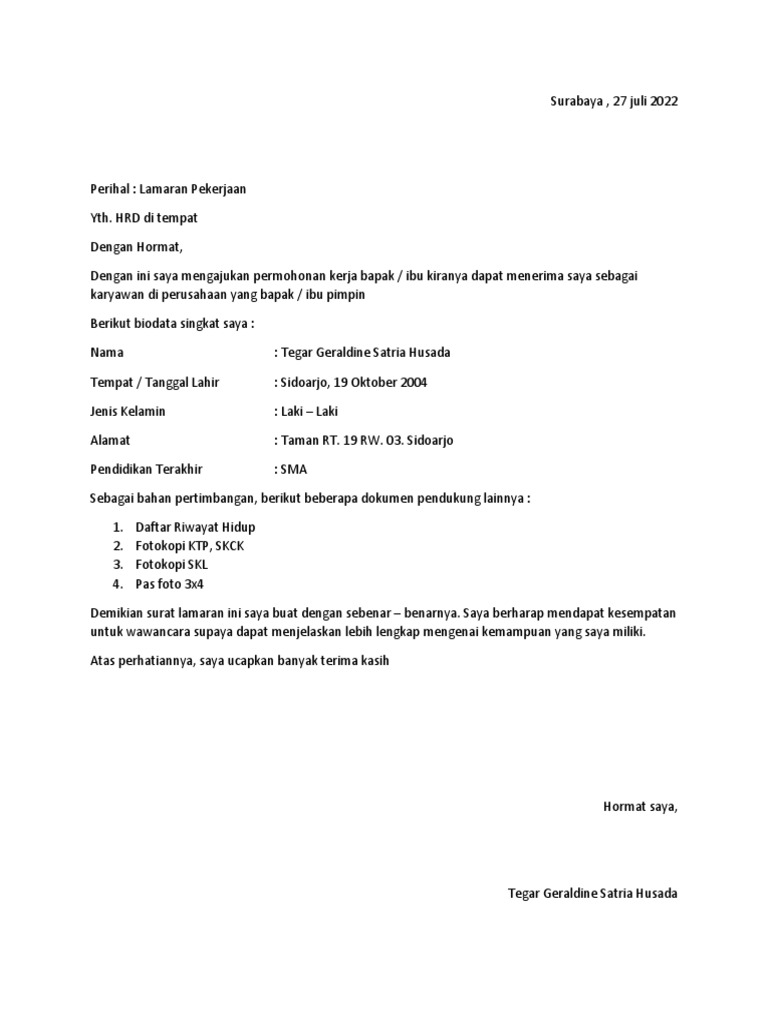 Lamaran Kerja Tegar Geraldine 2022 | PDF | Kesehatan Holistik