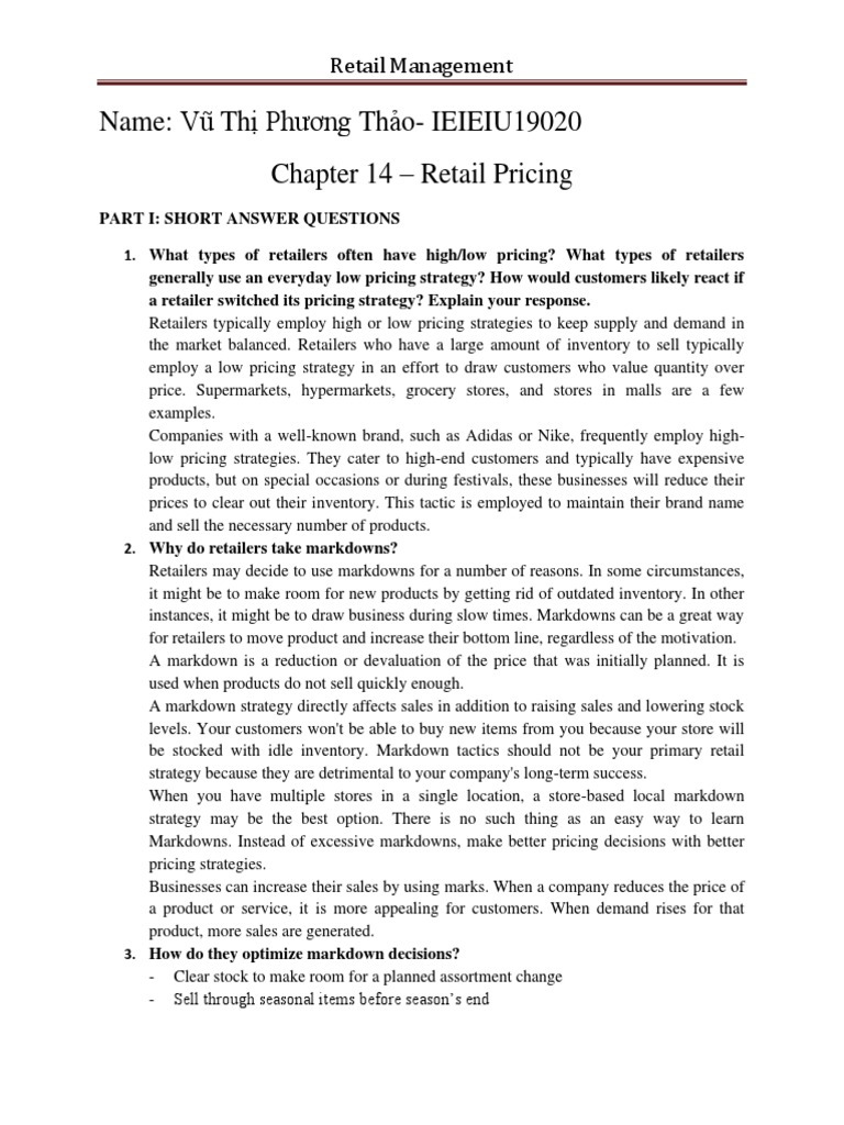 Vu Thi Phuong Thao - IEIEIU19020 - Retail HW Chap 14 | PDF | Retail | Pricing