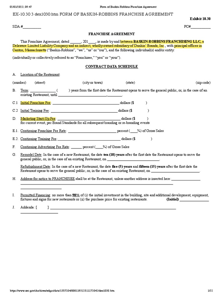 Form of Baskin-Robbins Franchise Agreement | PDF | Franchising | Insurance