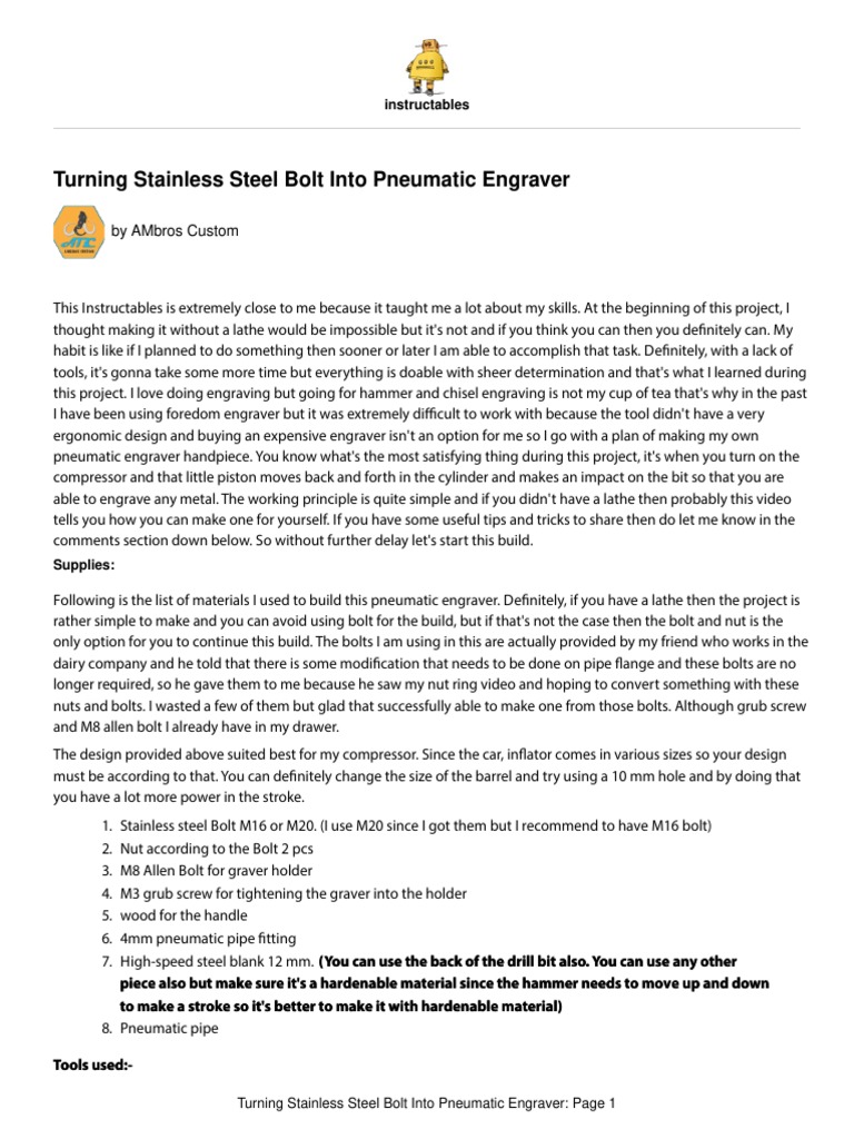 Turning Stainless Steel Bolt Into Pneumatic Engrav | PDF | Engraving ...