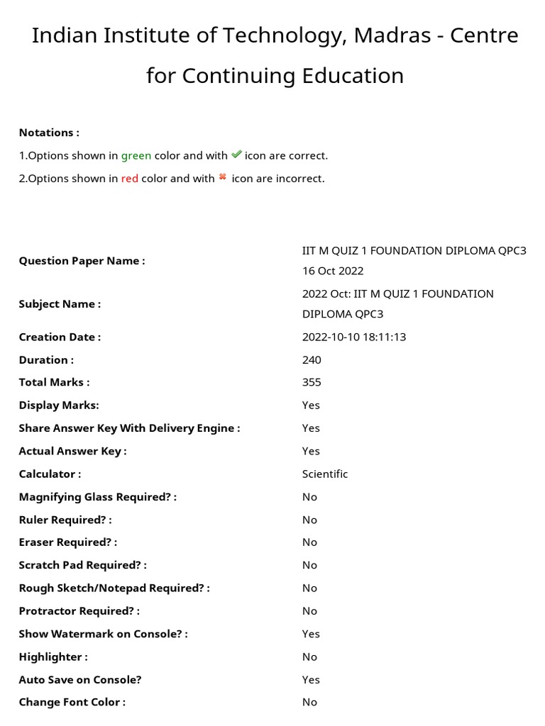 Iit M Quiz 1 Foundation Diploma QPC3 | PDF | Multiple Choice | Part Of Speech