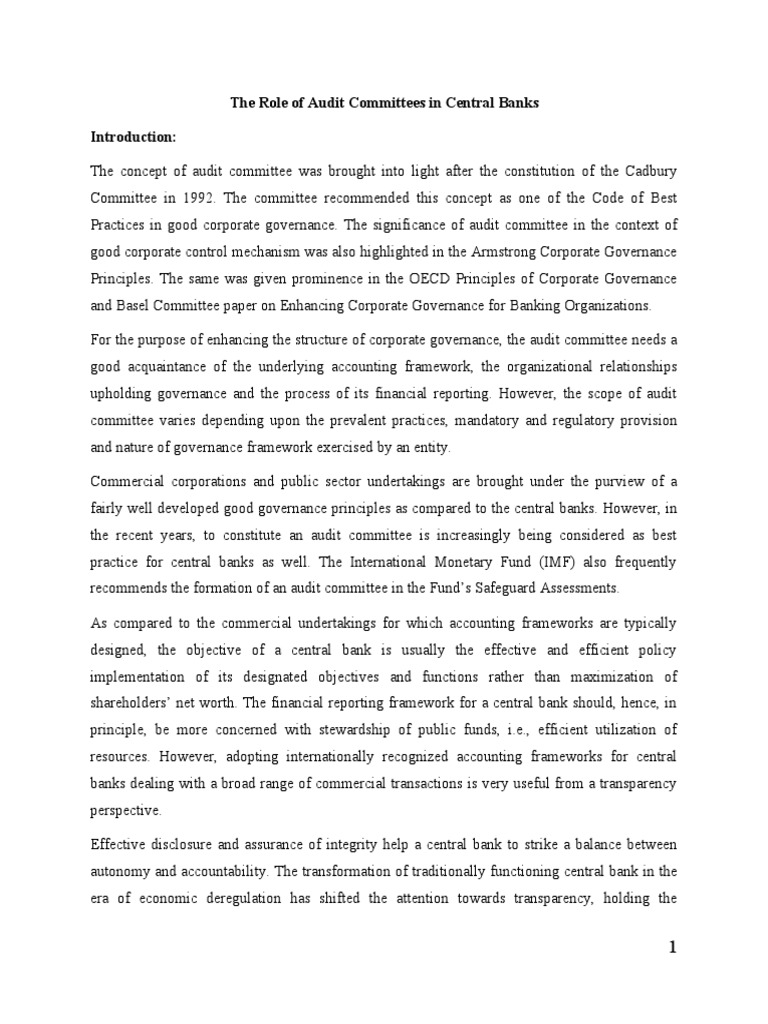 Role Of Audit Committee In Central Bank Download Free Pdf Audit