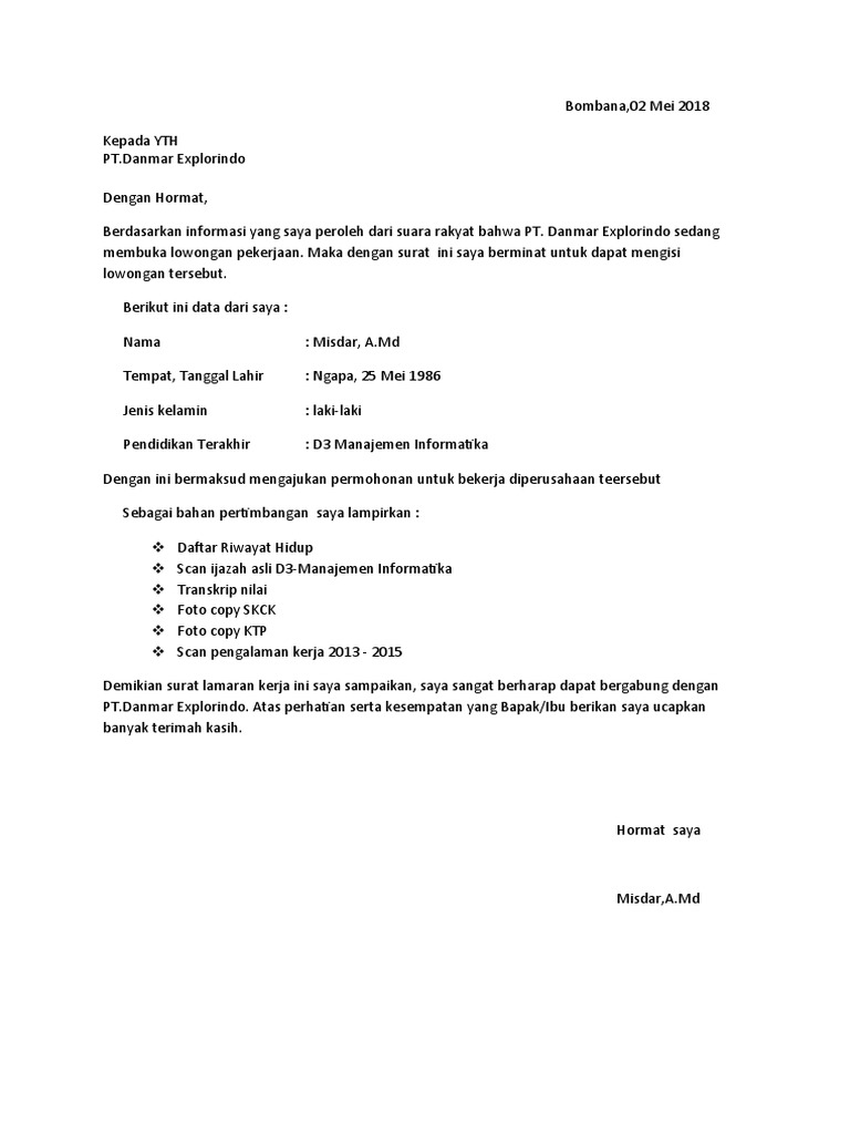 Surat Lamaran Kerja Misdar di PT Danmar Explorindo | PDF