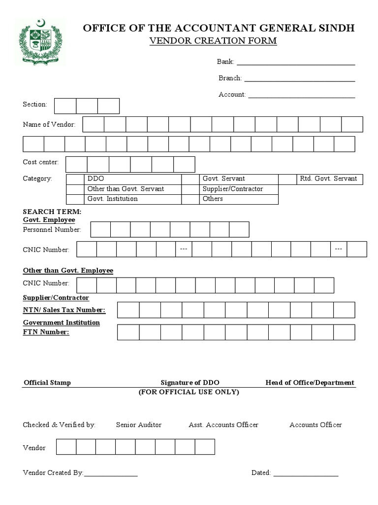 Vendor Creation Form AGSindh | PDF