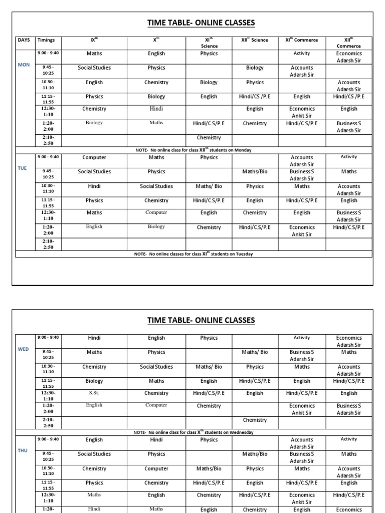9th To 12th Online Time Table | PDF