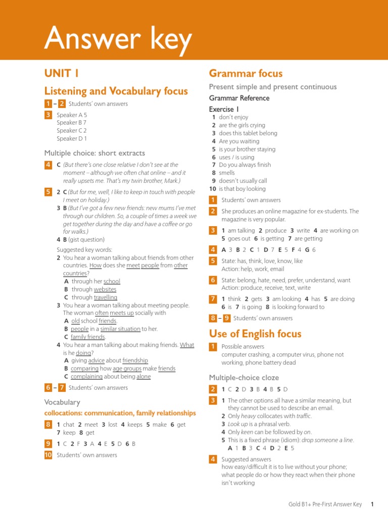 Gold - B1P - Pre-First - NE - CB - Standalone - Answer Key - Single ...