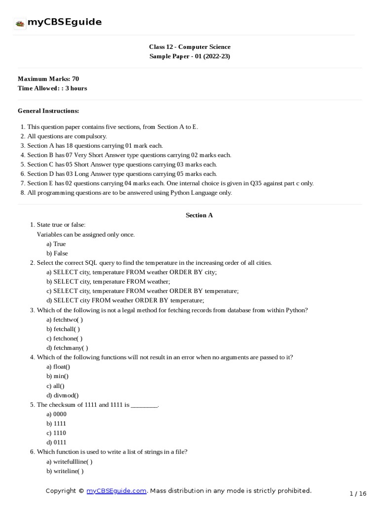 Computer Science Sample Paper | PDF | Computing | Computer Programming