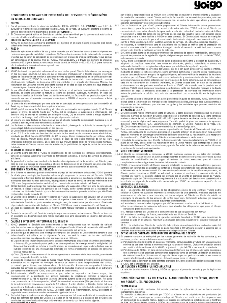 Condiciones de Contrato de Yoigo (Penalización de Permanencia) | PDF ...