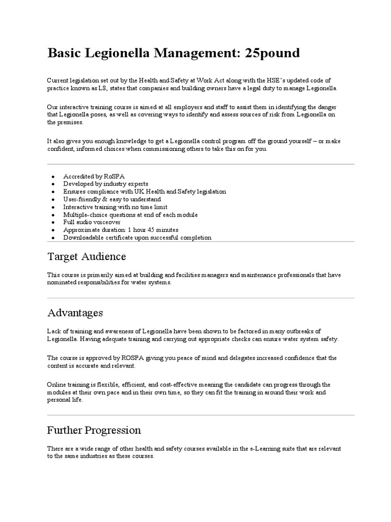 Legionella Management Training Course | PDF | Communication | Learning