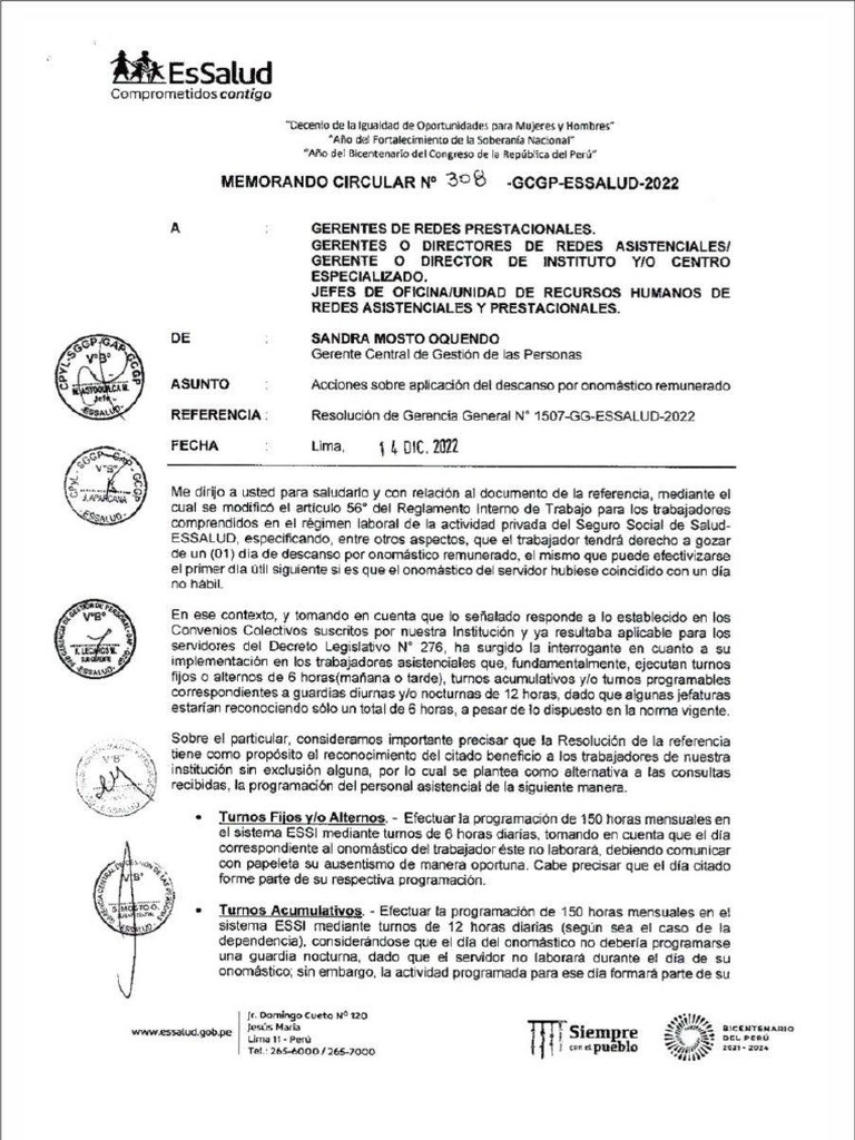Memorando Circular Nº308 - GCGP - Essalud 2022 | PDF