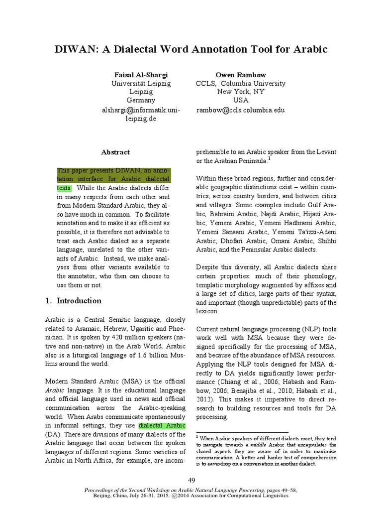 DIWAN a Dialectal Word Annotation Tool for Arabic | PDF | Arabic ...