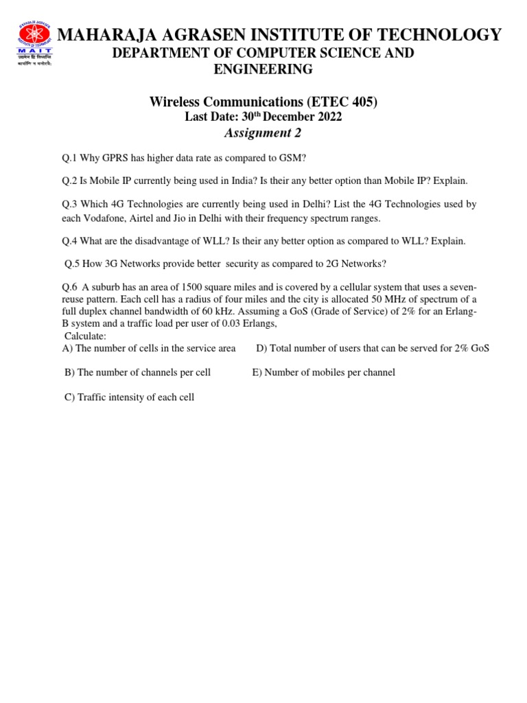 Wireless Communication ETEC 405 Assignment 2 CSE MAIT 2022 | PDF | Computers