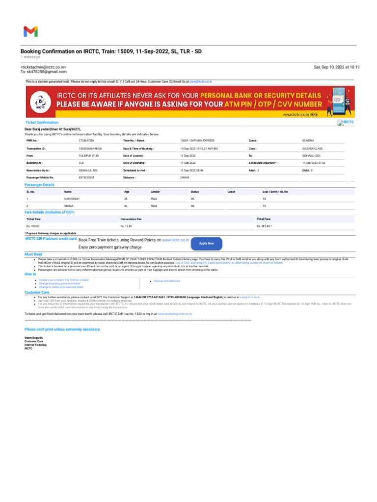 Train Ticket Confirmation | PDF | Credit Card | Service Industries