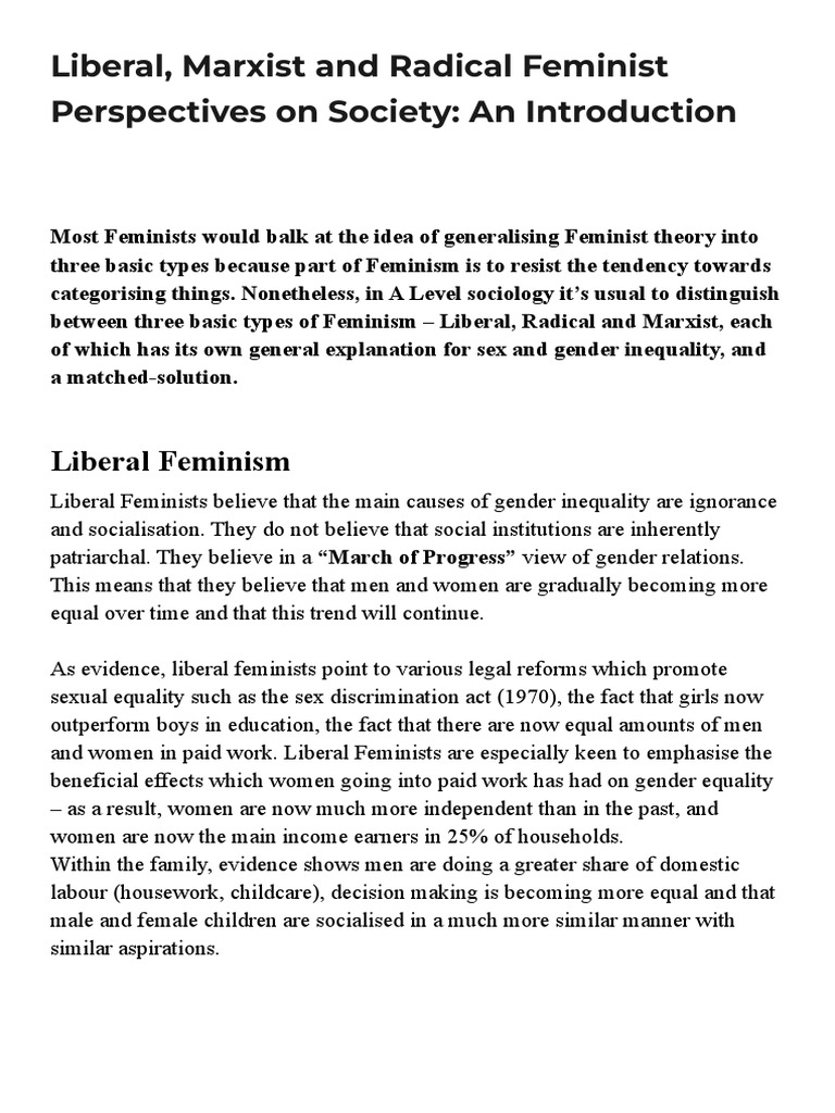 Liberal, Marxist and Radical Feminist Perspectives On Society - An ...