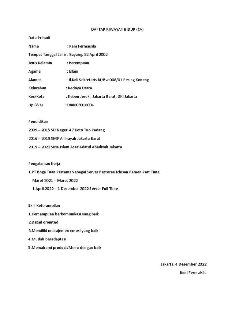 CV Rani Fermaisila | PDF