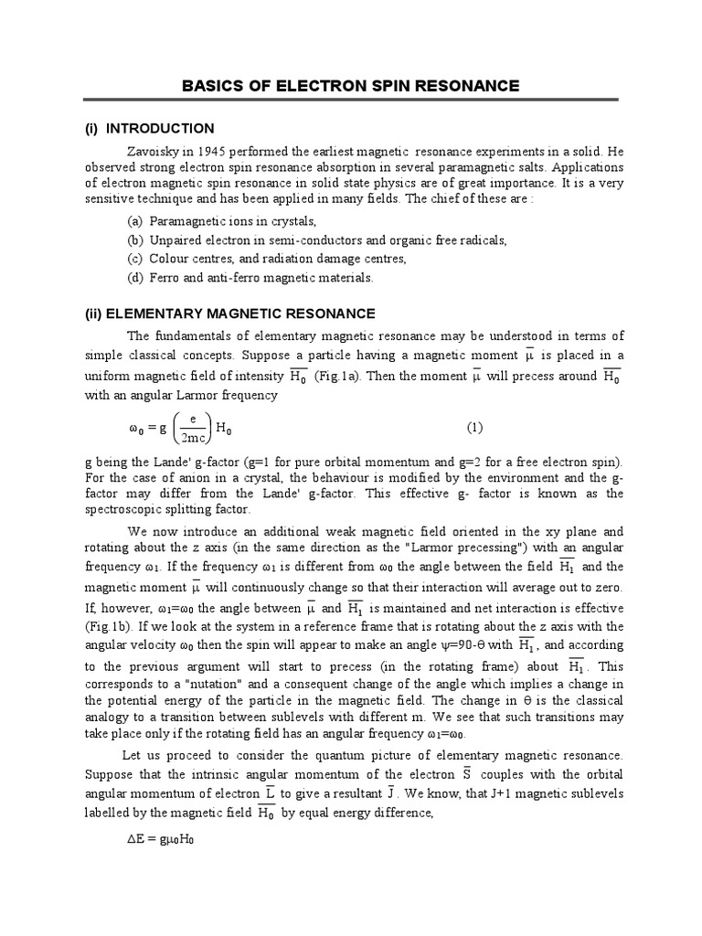 ESR Manual | PDF | Relaxation (Nmr) | Electron Paramagnetic Resonance