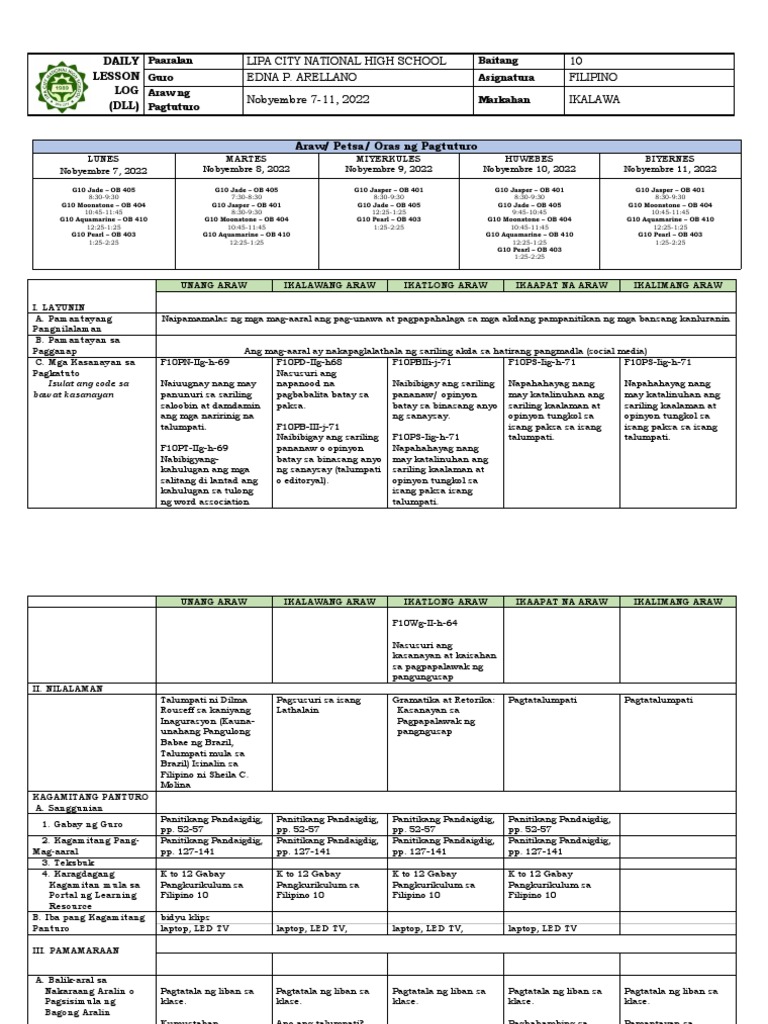 DLL Filipino Week 1 Second Quarter | PDF