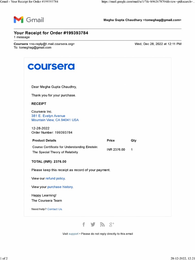 Course Era Receipt Dec22 | PDF