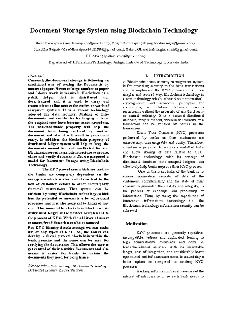 Blockchain-Based Document Storage System for Improved Data Security and Efficient KYC Process ...