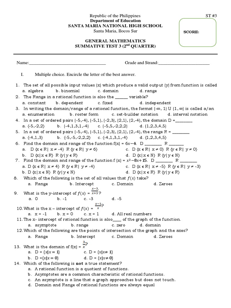 Summative Test On Rational Functions Domain Range Intercepts And Asymptotes Pdf