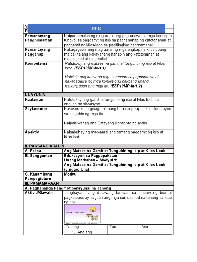 EsP10 - Q1 - Lesson Plan1 - Q1 | PDF