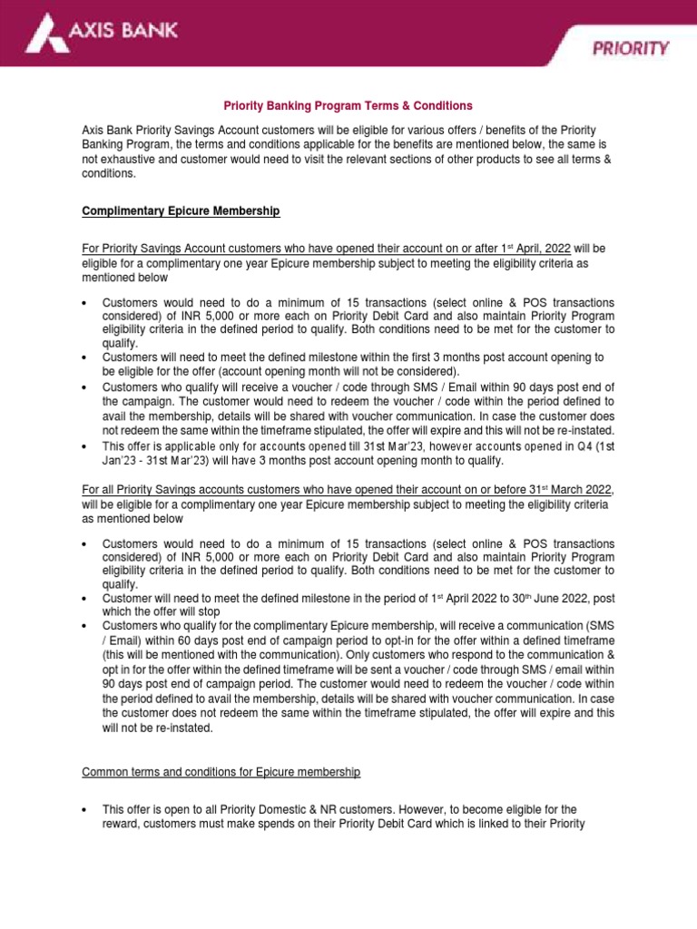 Priority Banking Program Terms Conditions | PDF | Debit Card | Banks
