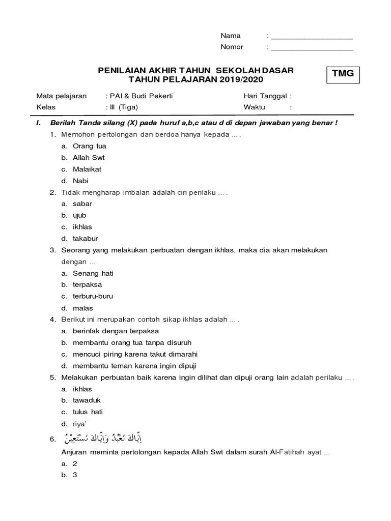 Soal PAT PAI Kelas 3 K13 1920 Ol | PDF